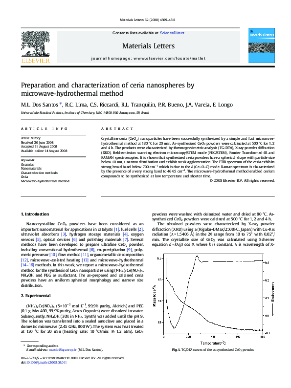 (PDF) Preparation and characterization of ceria nanospheres by microwave-hydrothermal method