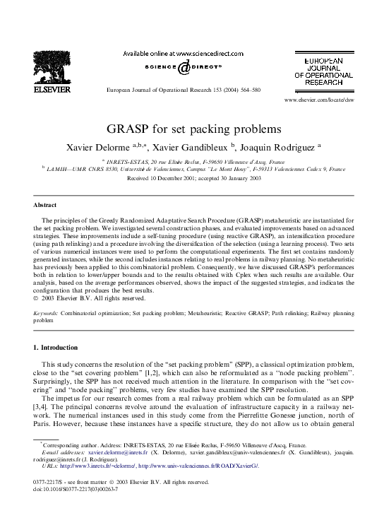 (PDF) GRASP for set packing problems