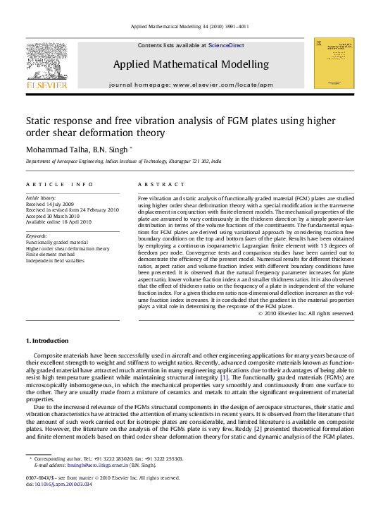Pdf Static Response And Free Vibration Analysis Of Fgm Plates Using Higher Order Shear