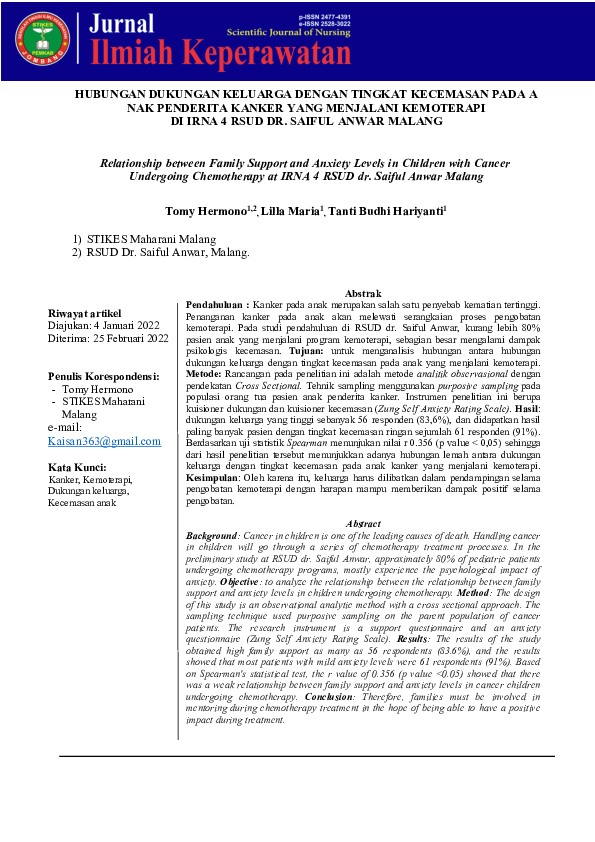 (PDF) HUBUNGAN DUKUNGAN KELUARGA DENGAN TINGKAT KECEMASAN PADA ANAK PENDERITA KANKER YANG ...