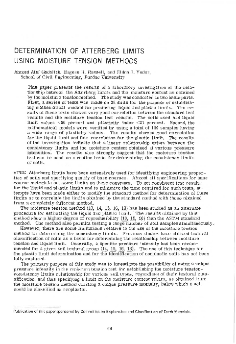 (PDF) Determination of Atterberg Limits Using Moisture Tension Methods : Technical paper