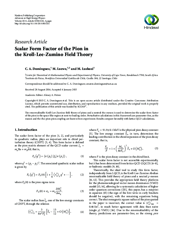 (PDF) Scalar Form Factor of the Pion in the Kroll-Lee-Zumino Field Theory