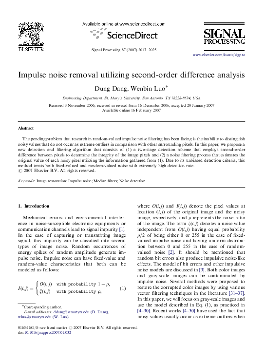 (PDF) Impulse noise removal utilizing second-order difference analysis