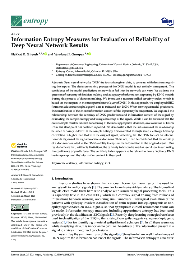 Pdf Information Entropy Measures For Evaluation Of Reliability Of Deep Neural Network Results