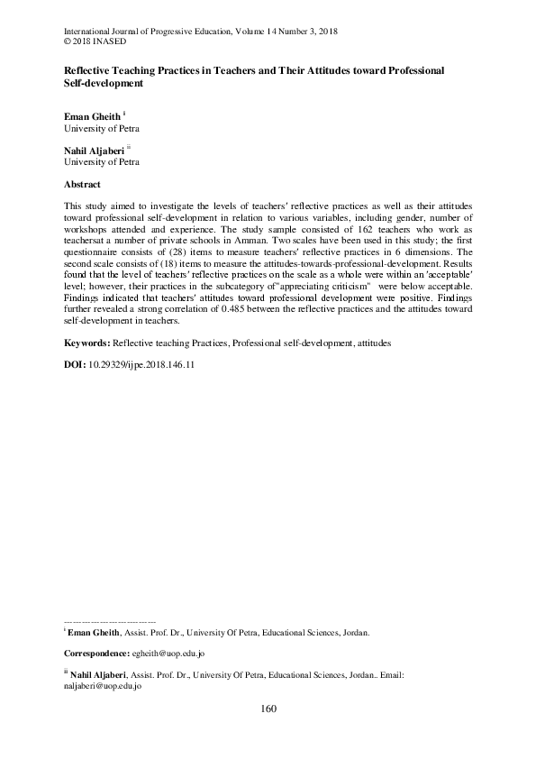 (PDF) Reflective Teaching Practices in Teachers and Their Attitudes Toward Professional Self ...