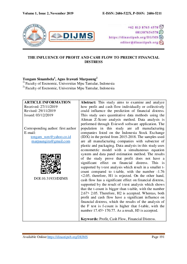 (PDF) The Influence of Profit and Cash Flow to Predict Financial Distress