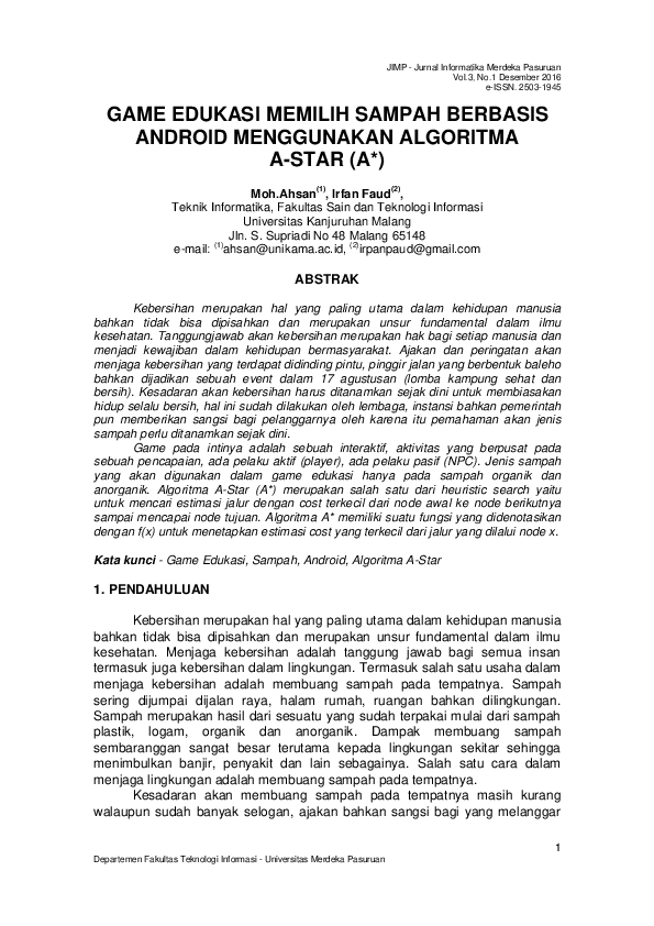 (PDF) Game Edukasi Memilih Sampah Berbasis Android Menggunakan Algoritma A-Star (A*) | Moh Ahsan ...