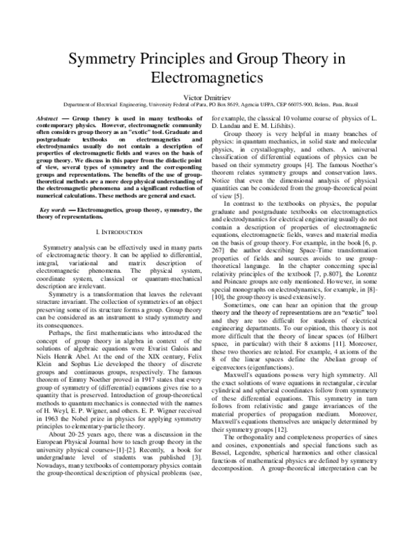 (PDF) Symmetry Principles and Group Theory in Electromagnetics