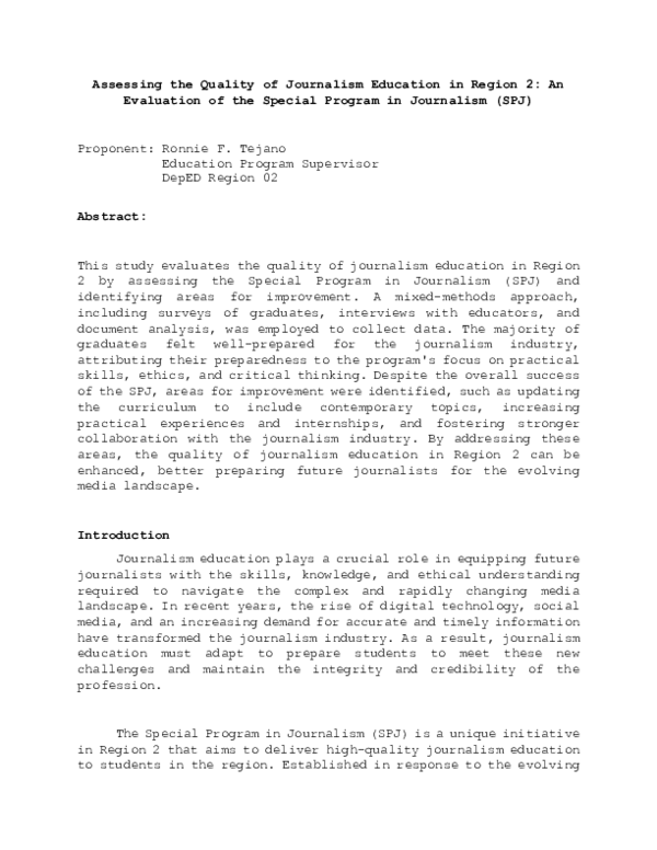 (PDF) Assessing the Quality of Journalism Education in Region 2: An ...