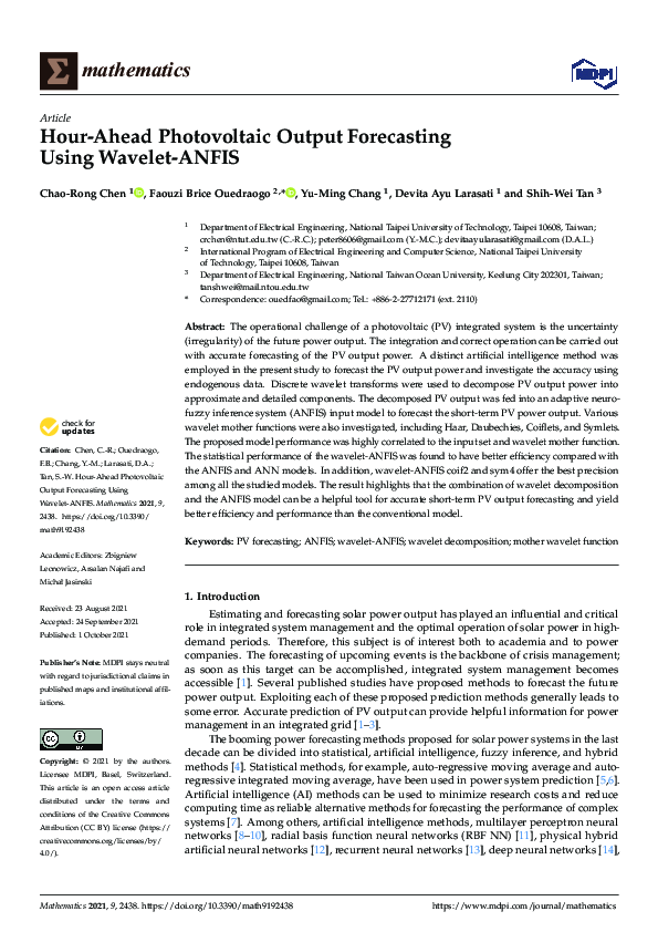 (PDF) Hour-Ahead Photovoltaic Output Forecasting Using Wavelet-ANFIS
