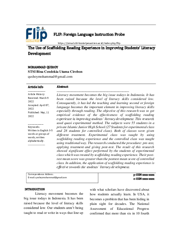 (PDF) The USE OF SCAFFOLDING READING EXPERIENCE IN IMPROVING STUDENTS ...