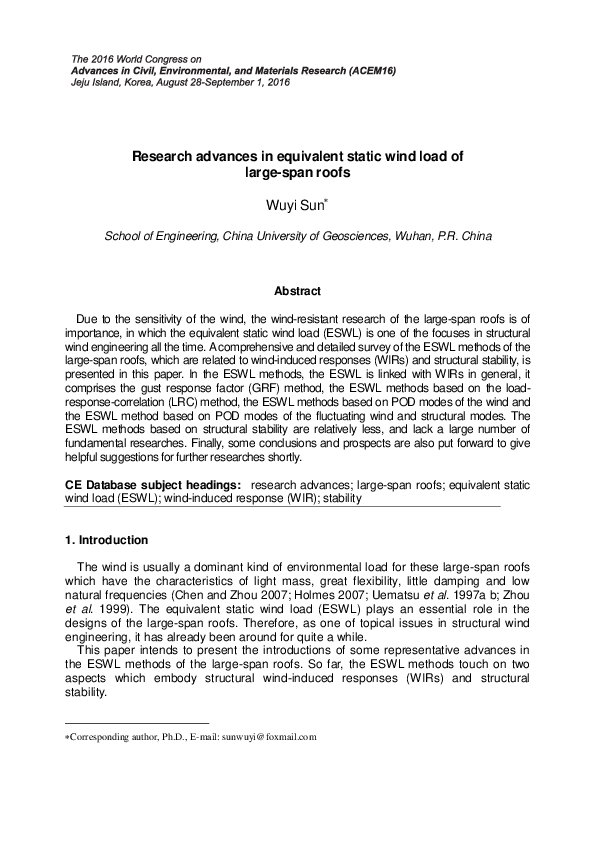 (PDF) Research advances in equivalent static wind load of large-span roofs