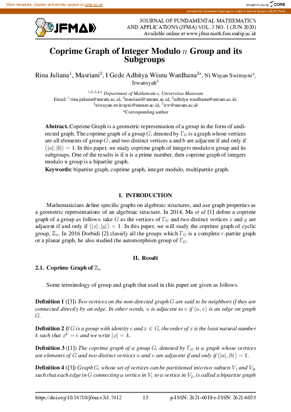 (PDF) COPRIME GRAPH OF INTEGERS MODULO n GROUP AND ITS SUBGROUPS