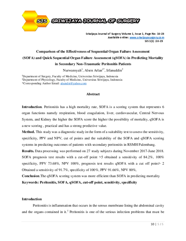 (PDF) Comparison of the Effectiveness of Sequential Organ Failure Assessment (SOFA) and Quick ...