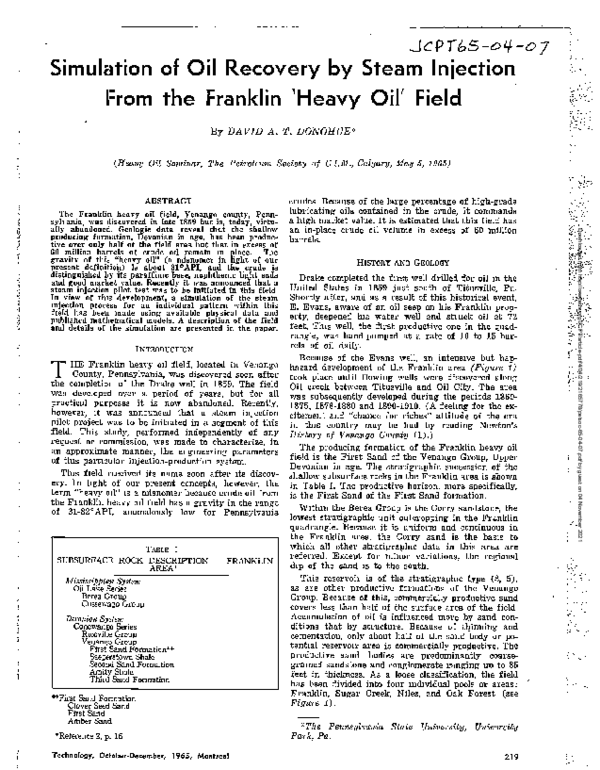 (PDF) Simulation of Oil Recovery by Steam Injection From the Franklin ...