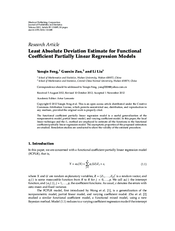 Pdf Least Absolute Deviation Estimate For Functional Coefficient Partially Linear Regression