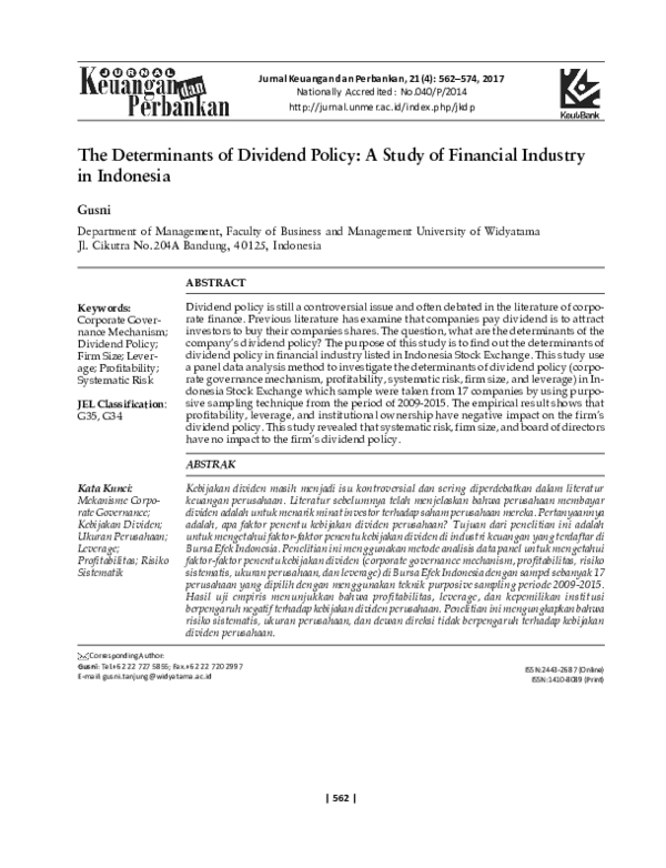 (PDF) The Determinants of Dividend Policy: A Study of Financial Industry in Indonesia