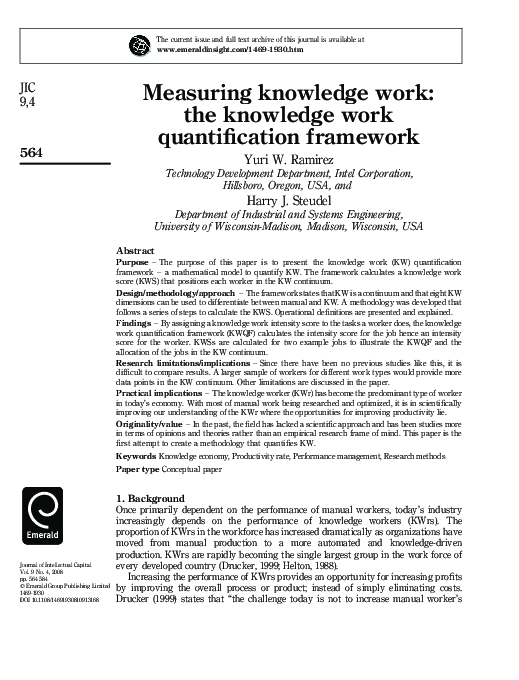 Pdf Measuring Knowledge Work The Knowledge Work Quantification Framework