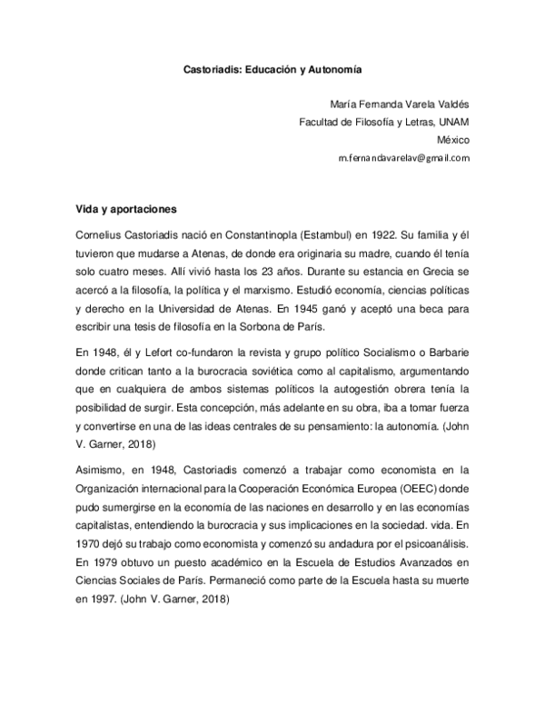 (PDF) Castoriadis educación y autonomía