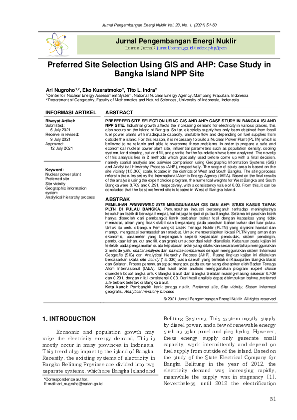 (PDF) Preferred Site Selection Using GIS and AHP: Case Study in Bangka Island NPP Site
