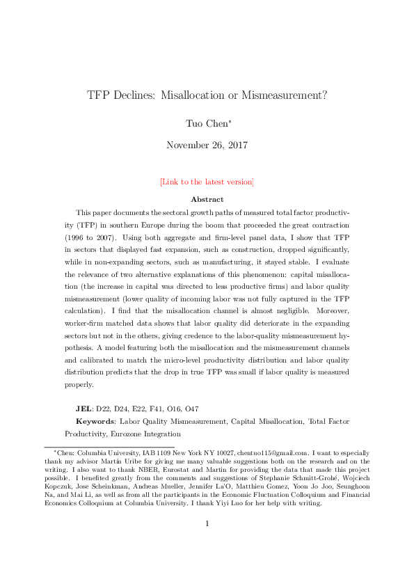 Pdf Tfp Declines Misallocation Or Mismeasurement