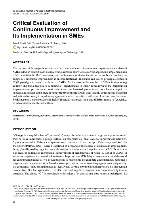 (PDF) Critical Evaluation of Continuous Improvement and Its Implementation in SMEs