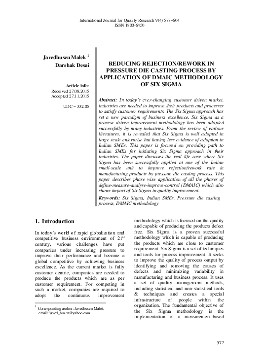 (PDF) Reducing Rejection/Rework in Pressure Die Casting Process by ...