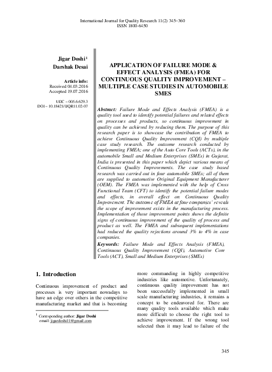 (PDF) APPLICATION OF FAILURE MODE and EFFECT ANALYSIS (FMEA) FOR CONTINUOUS QUALITY IMPROVEMENT ...