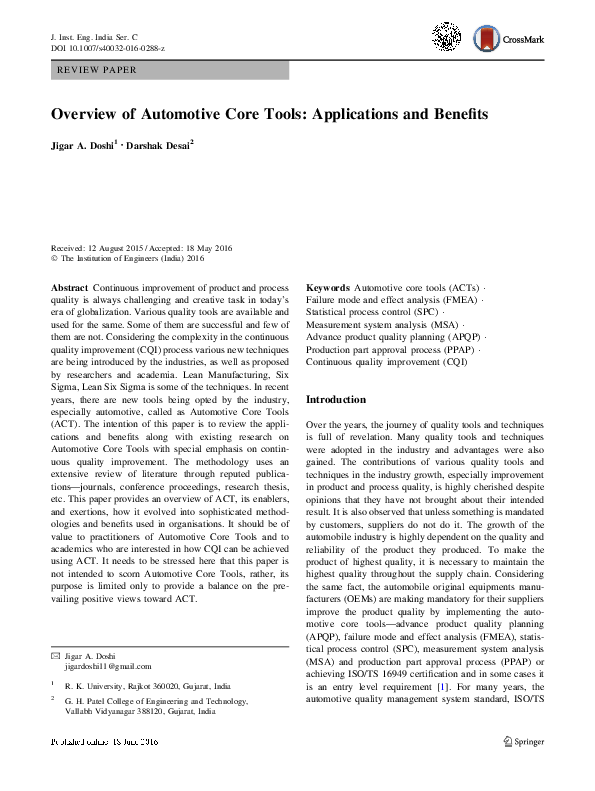 (PDF) Overview of Automotive Core Tools: Applications and Benefits