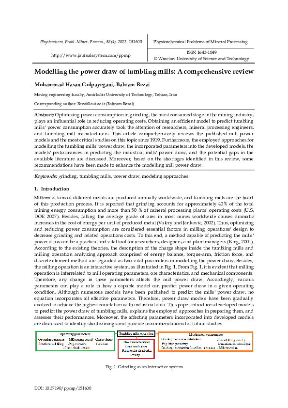 (PDF) Modelling the power draw of tumbling mills: A comprehensive review