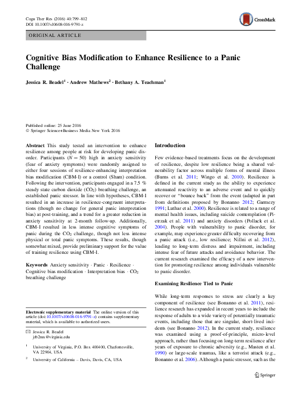 (PDF) Cognitive Bias Modification to Enhance Resilience to a Panic Challenge