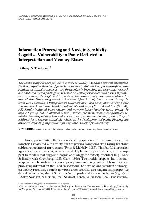 (PDF) Information Processing and Anxiety Sensitivity: Cognitive Vulnerability to Panic Reflected ...