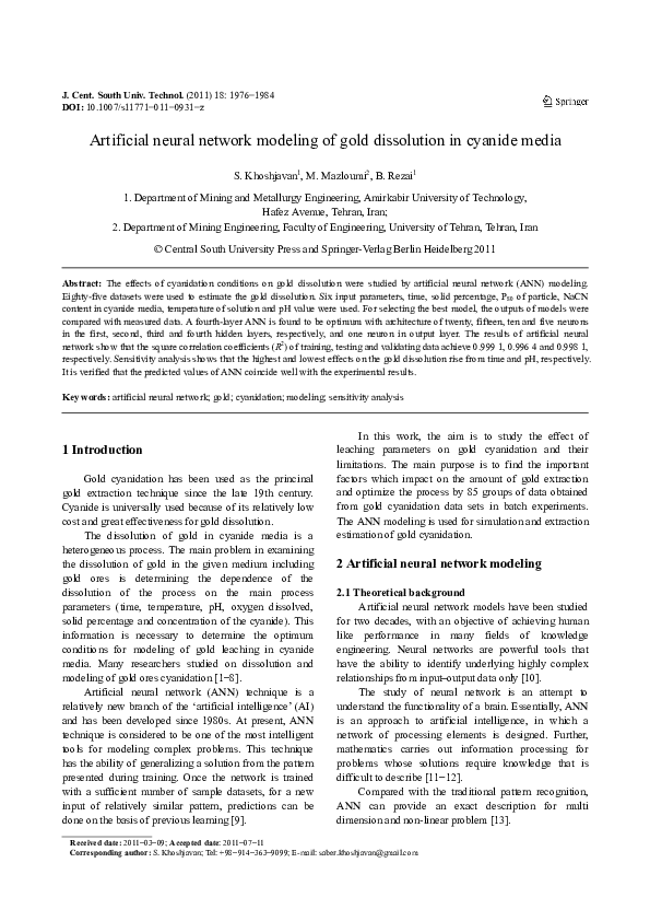 (PDF) Artificial neural network modeling of gold dissolution in cyanide media