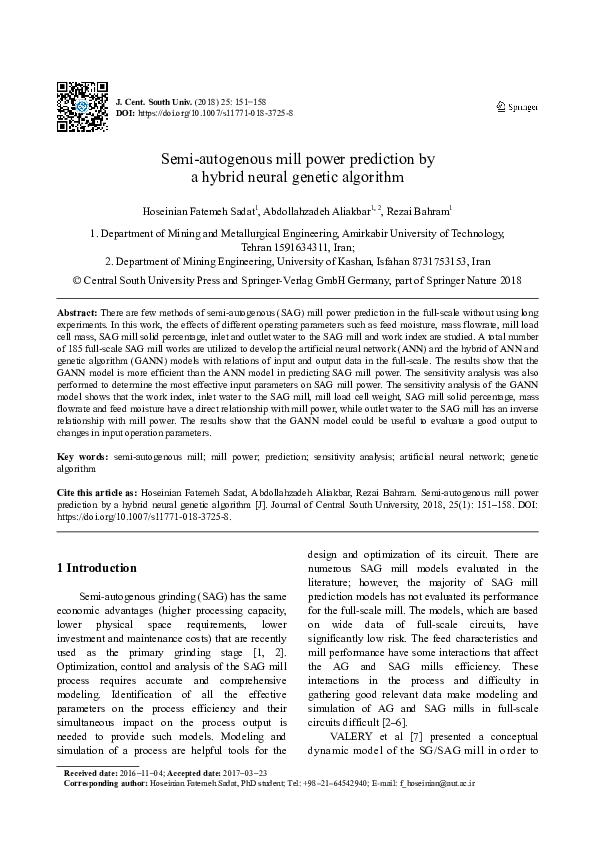 (PDF) Semi-autogenous mill power prediction by a hybrid neural genetic algorithm