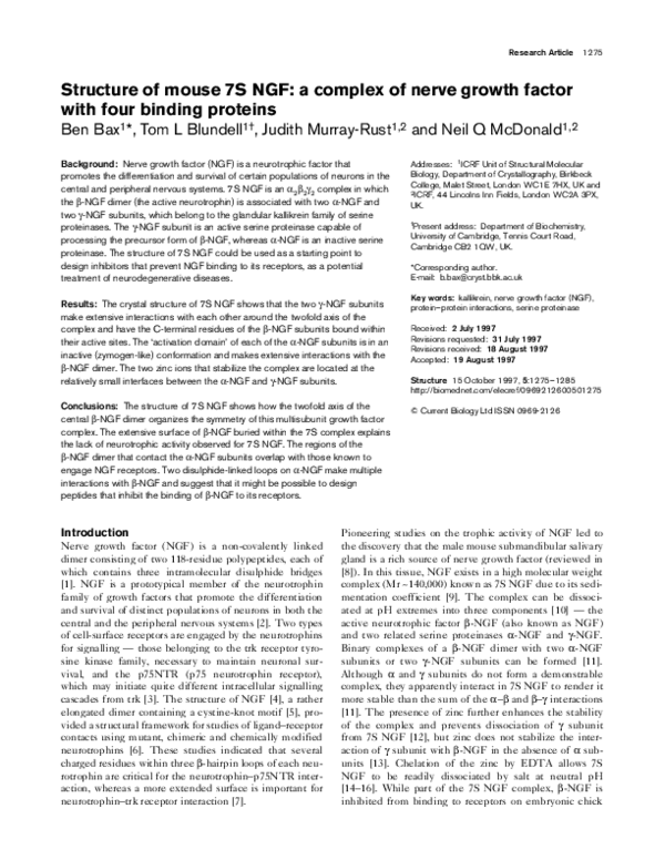 (PDF) Structure of mouse 7S NGF: a complex of nerve growth factor with ...