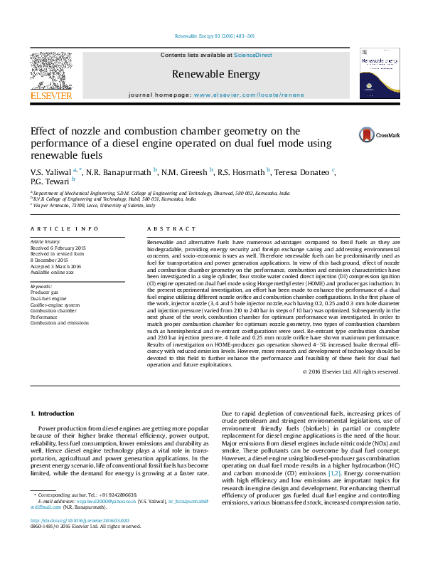 (PDF) Effect of nozzle and combustion chamber geometry on the performance of a diesel engine ...