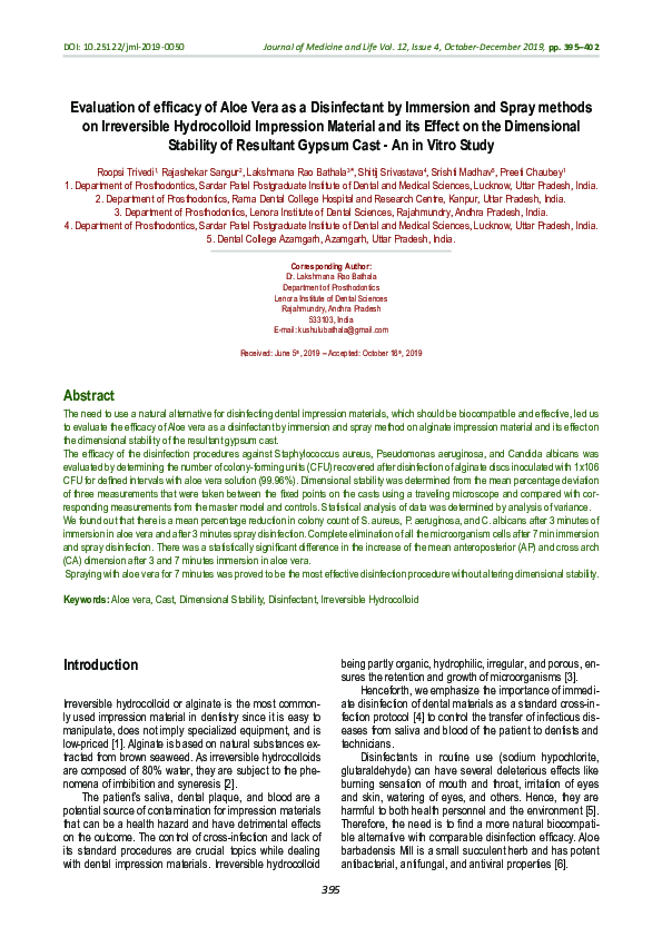 (PDF) Evaluation of efficacy of Aloe Vera as a Disinfectant by ...