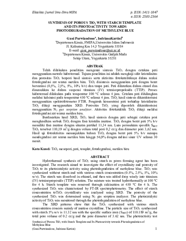 Pdf Synthesis Of Porous Tio2 With Starch Template And Its