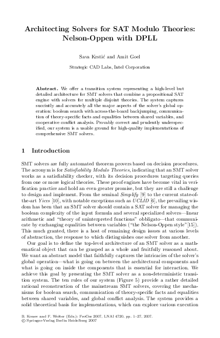 (PDF) Architecting Solvers for SAT Modulo Theories: Nelson-Oppen with DPLL