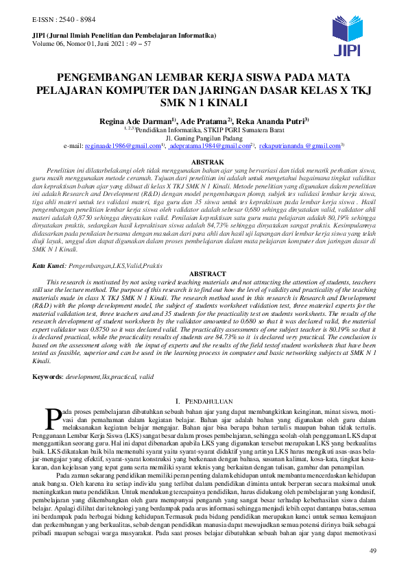 (PDF) Pengembangan Lembar Kerja Siswa Pada Mata Pelajaran Komputer Dan Jaringan Dasar Kelas X TKJ