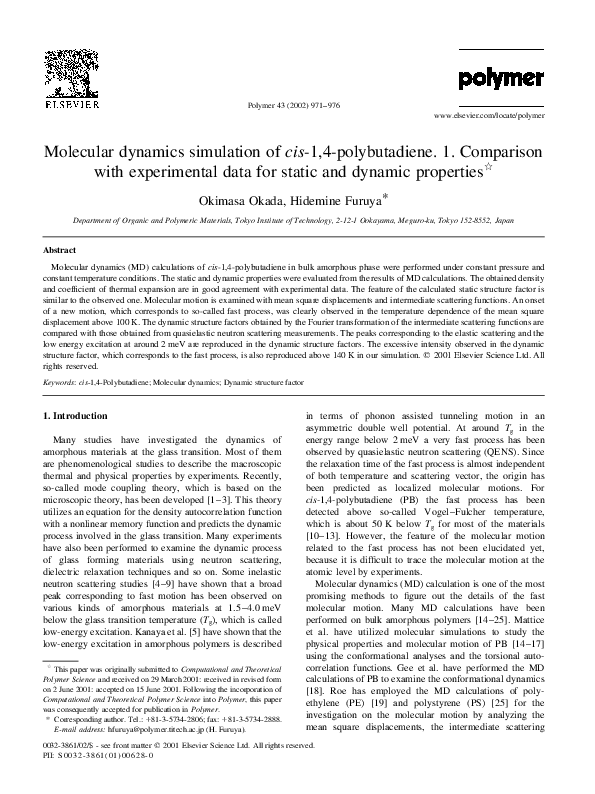 Pdf Molecular Dynamics Simulation Of Cis 1 4 Polybutadiene 1 Comparison With Experimental