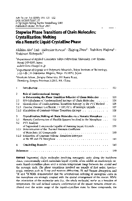 (PDF) Stepwise Phase Transitions of Chain Molecules: Crystallization/Meltingvia a Nematic Liquid ...