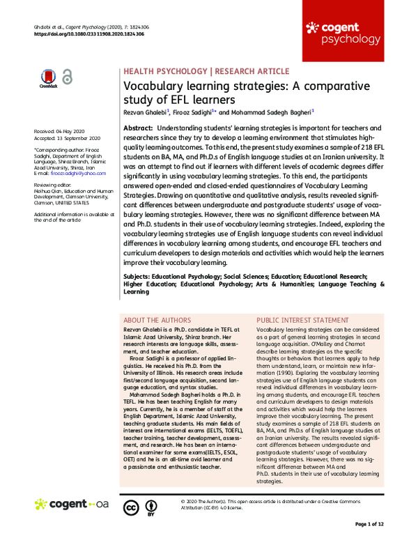 (PDF) Vocabulary learning strategies: A comparative study of EFL learners