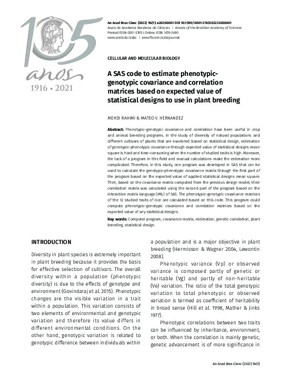 (PDF) A SAS code to estimate phenotypic-genotypic covariance and correlation matrices based on ...