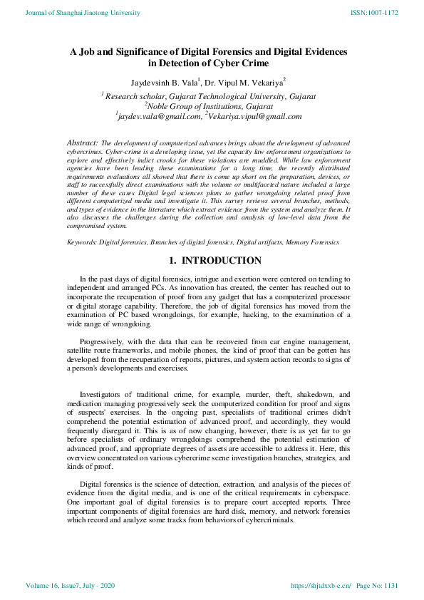 Pdf A Job And Significance Of Digital Forensics And Digital Evidences In Detection Of Cyber Crime