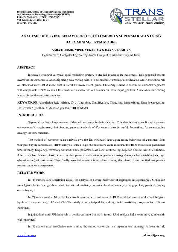 (PDF) Analysis of Buying Behaviour of Customers in Supermarkets Using Data Mining TRFM Model