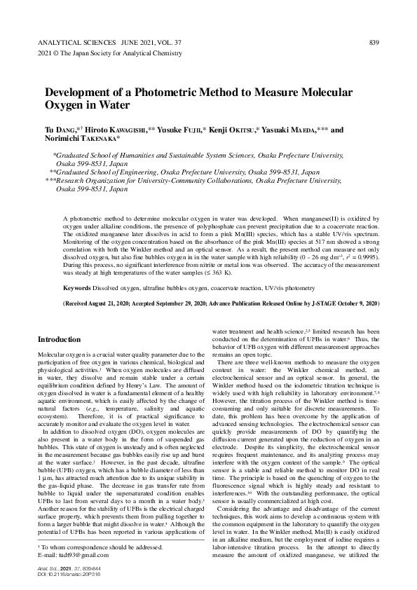 (PDF) Development of a Photometric Method to Measure Molecular Oxygen in Water