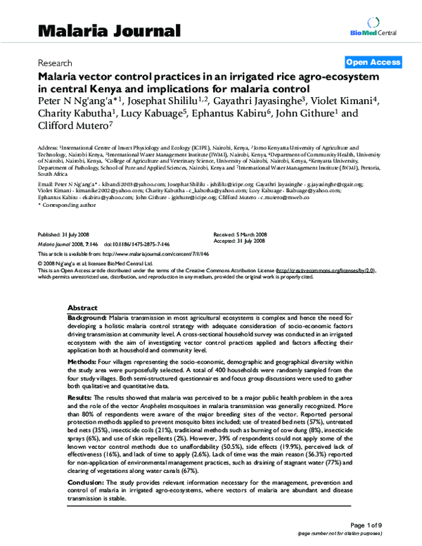 (PDF) Malaria vector control practices in an irrigated rice agro ...