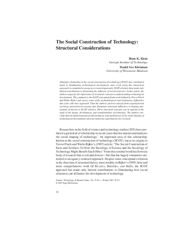(PDF) The Social Construction of Technology: Structural Considerations