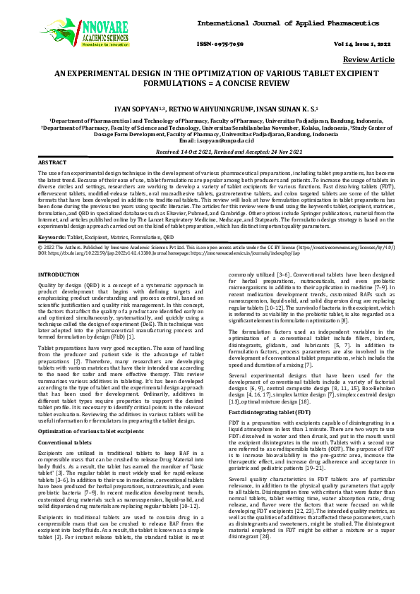 (PDF) AN EXPERIMENTAL DESIGN IN THE OPTIMIZATION OF VARIOUS TABLET EXCIPIENT FORMULATIONS = A ...